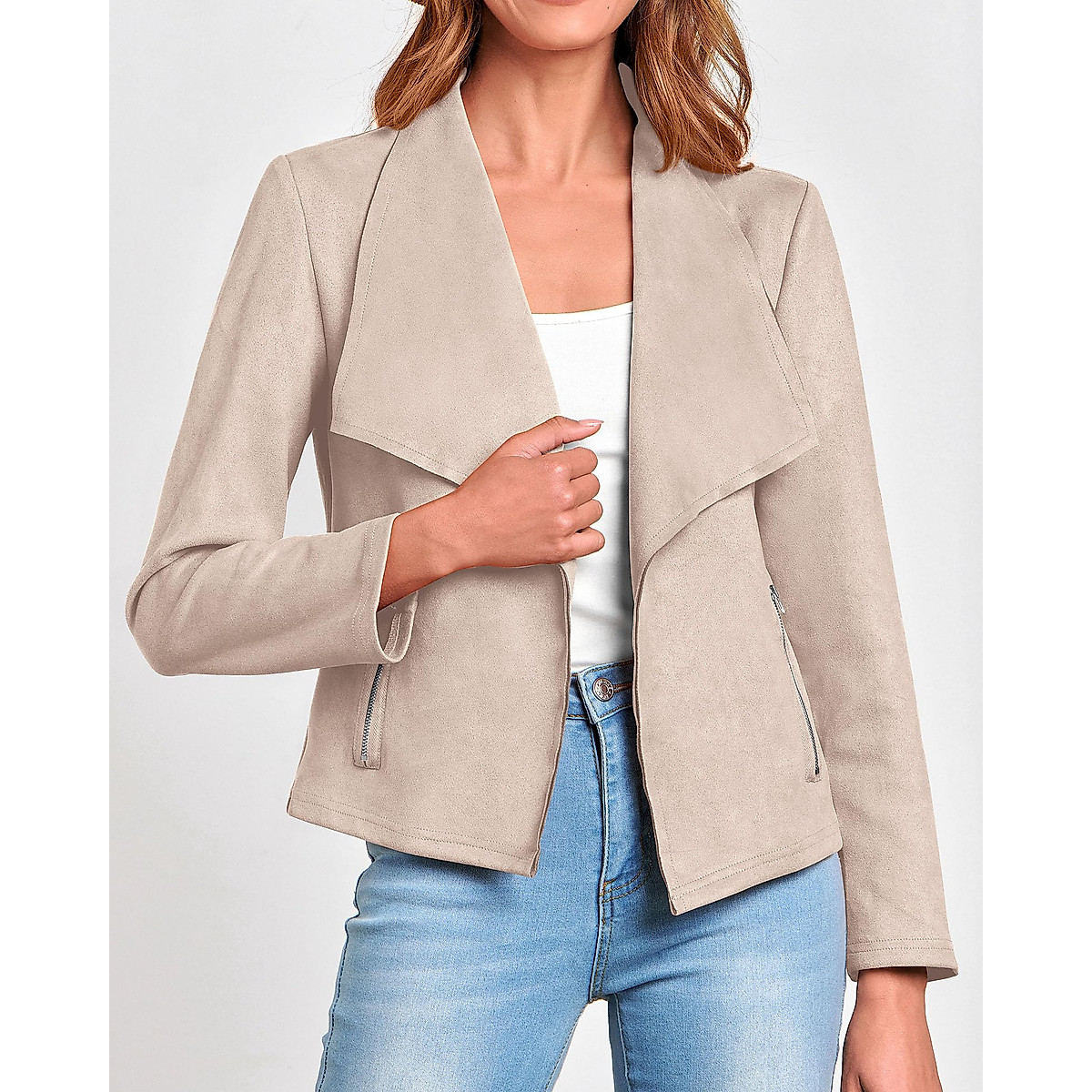 KIRUNDO Women's Faux Leather Suede Jacket 2024 Fall Fashion Light Long Sleeve Cropped Jacket Coats with Pockets(Beige Apricot, Medium)