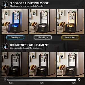 Vlsrka Tall Nightstand with Charging Station, 54" Smart Nightstand with LED Lights, Modern Night Stand with Bookshelf, Bedside Tables with Storage Cabinet for Bedroom, Black