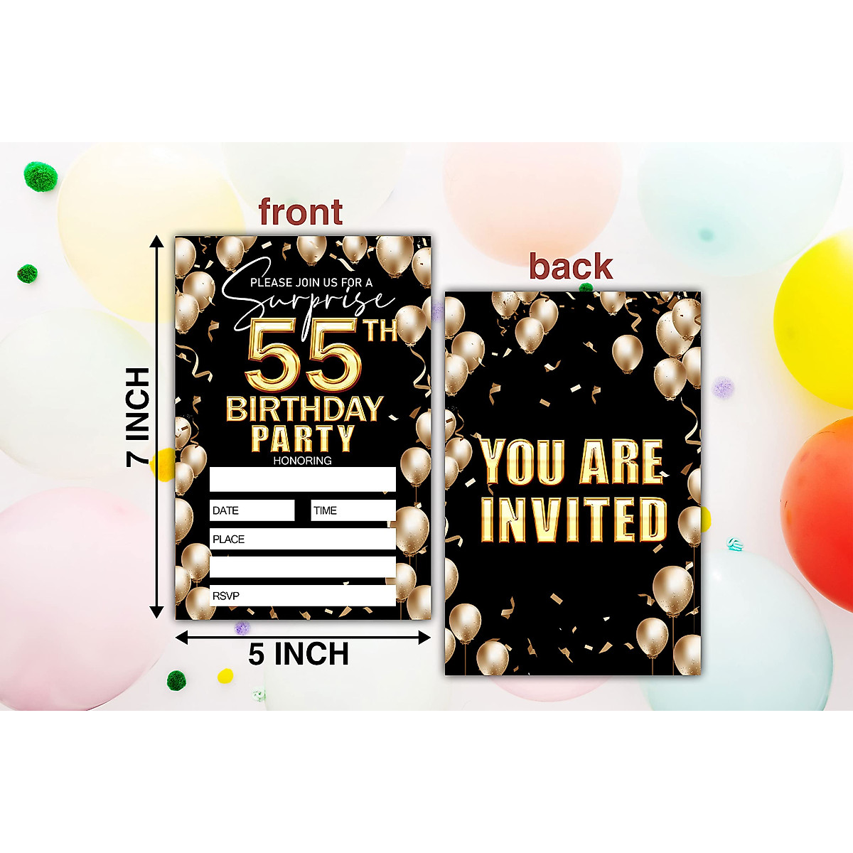 Keydaat 55th Birthday Invitation - Black And Gold Birthday Invite - Birthday Invite Ideas For Adult Woman and Man - 20 Fill-in Invitation Cards With 20 Envelopes -TH010