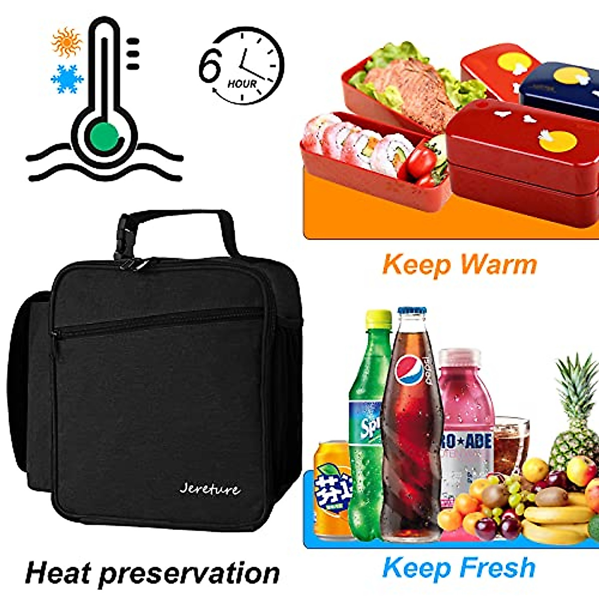 Jereture Lunch Box for Men, Women, Compact Adult Insulated Lunch bag with paper towel bag - Lunch Pail Work Office Cooler, Soft, Leakproof, Fashion. Suit to men, women,work,office,beach (Black)