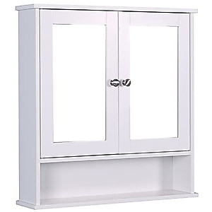 Bathroom Medicine Cabinet Wall Mounted with Double Mirror Doors, Wooden Hanging Bathroom Cabinet with Doors and Shelves, Bathroom Wall Mirror Cabinet, Multipurpose Wall Mounted Storage Cabinet, White