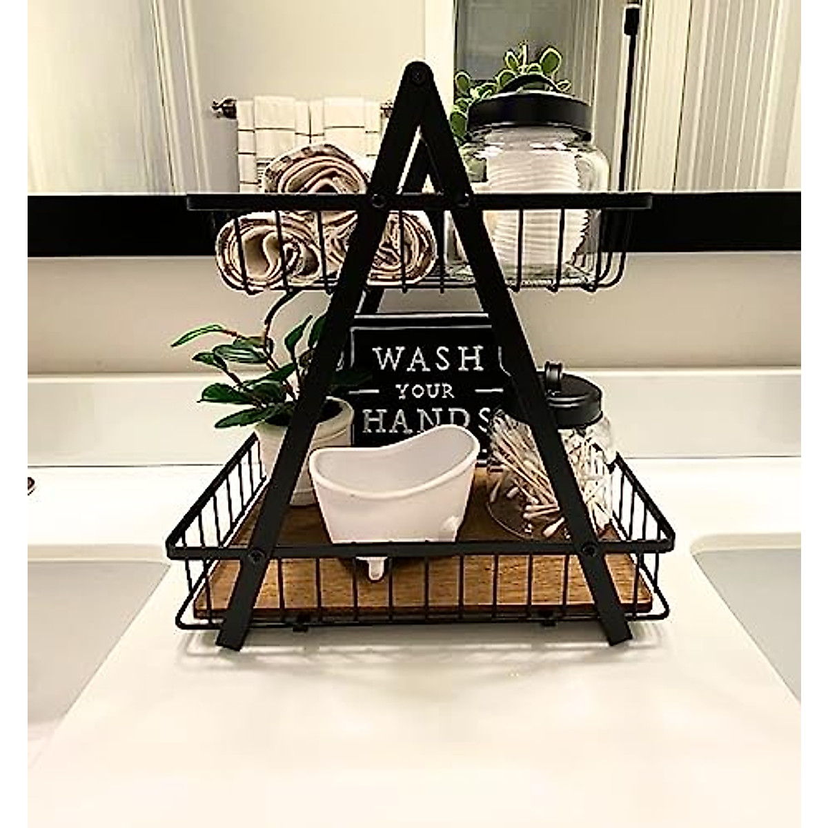 Emerson Ergonomics 2-Tier Large Fruit Basket || Wood Metal Bread Basket || Kitchen Countertop Fruit Bowl