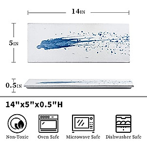 Uaral Serving Platter Long Flat Plate - 14 inch Rectangular Tray for Party,Sushi,Appetizer,Sashimi,Cheese,Set of 2, (Blue)
