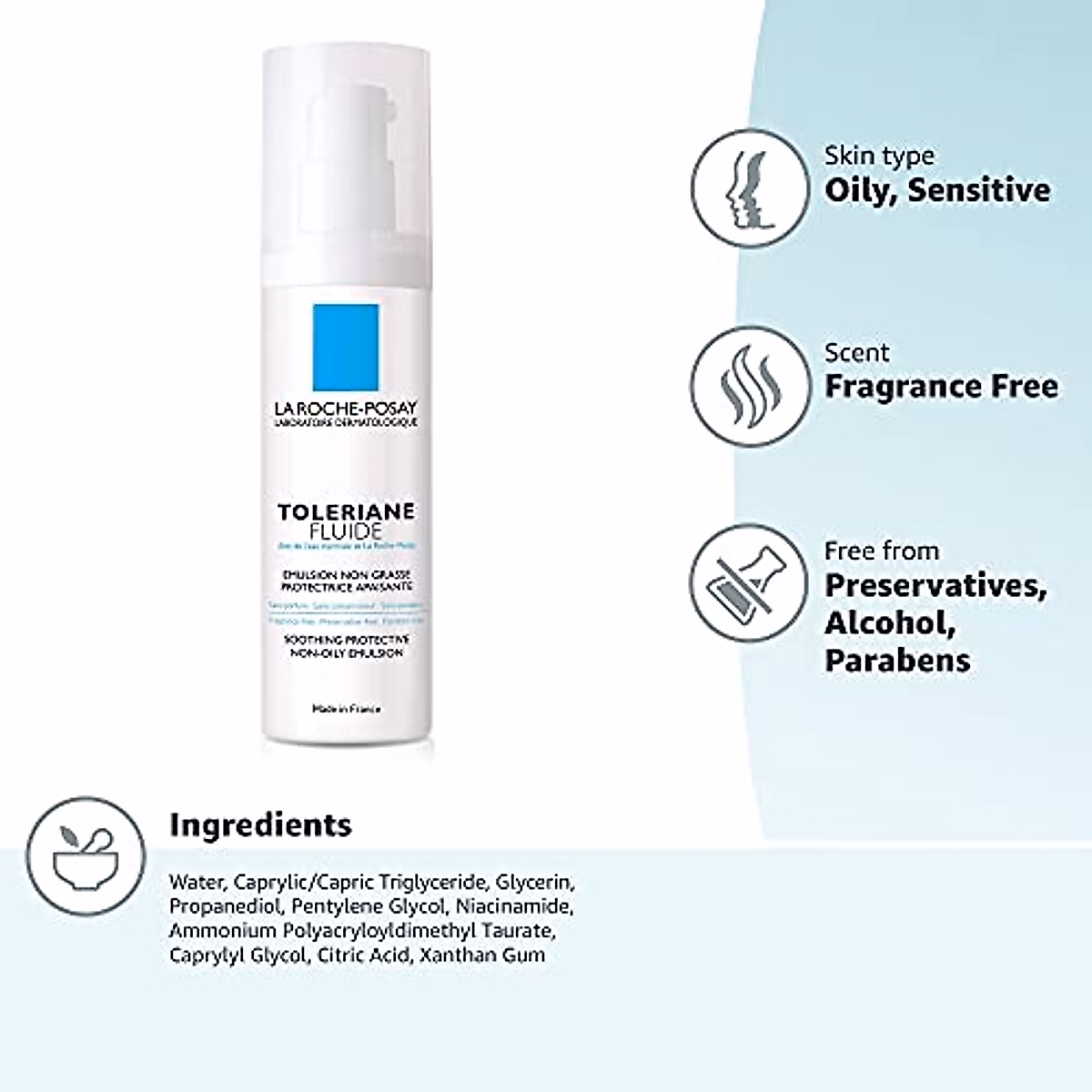 La Roche-Posay Toleriane Sensitive Fluide Protective Moisturizer, Lightweight Oil-Free Face Moisturizer, For Sensitive Skin