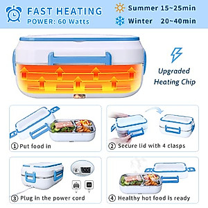 Electric Lunch Box 60W Portable Food Warmer Heater 3-in-1 1.5L Faster Heated Lunch Boxes 12V 24V 110V for Car Truck Home Heating Microwave 304 Stainless Steel Container with Fork Spoon & Carry Bag