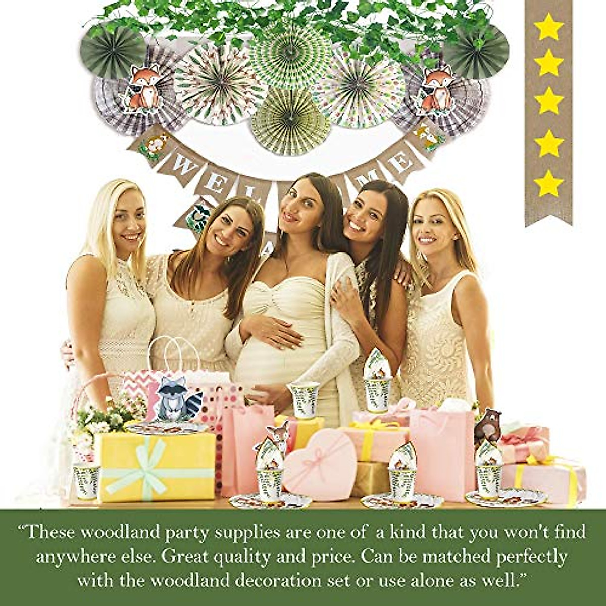 YARA Woodland Creatures Theme Baby Shower & Birthday Party Supplies For Boy & Girl Decorations with paper plates, napkins and cups of Forest Animal Friends Fox Deer Bear Racoon Tableware Set Serves 24