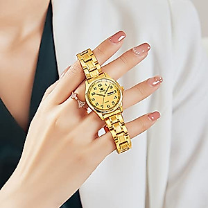 OLEVS Women's Gold Watches Small Wrist Quartz Watches for Women Yellow Gold Face Stainless Steel Bracelet Big Arabic Numerals Women Watches with Day and Date Casual Watches for Women Relojes De Mujer