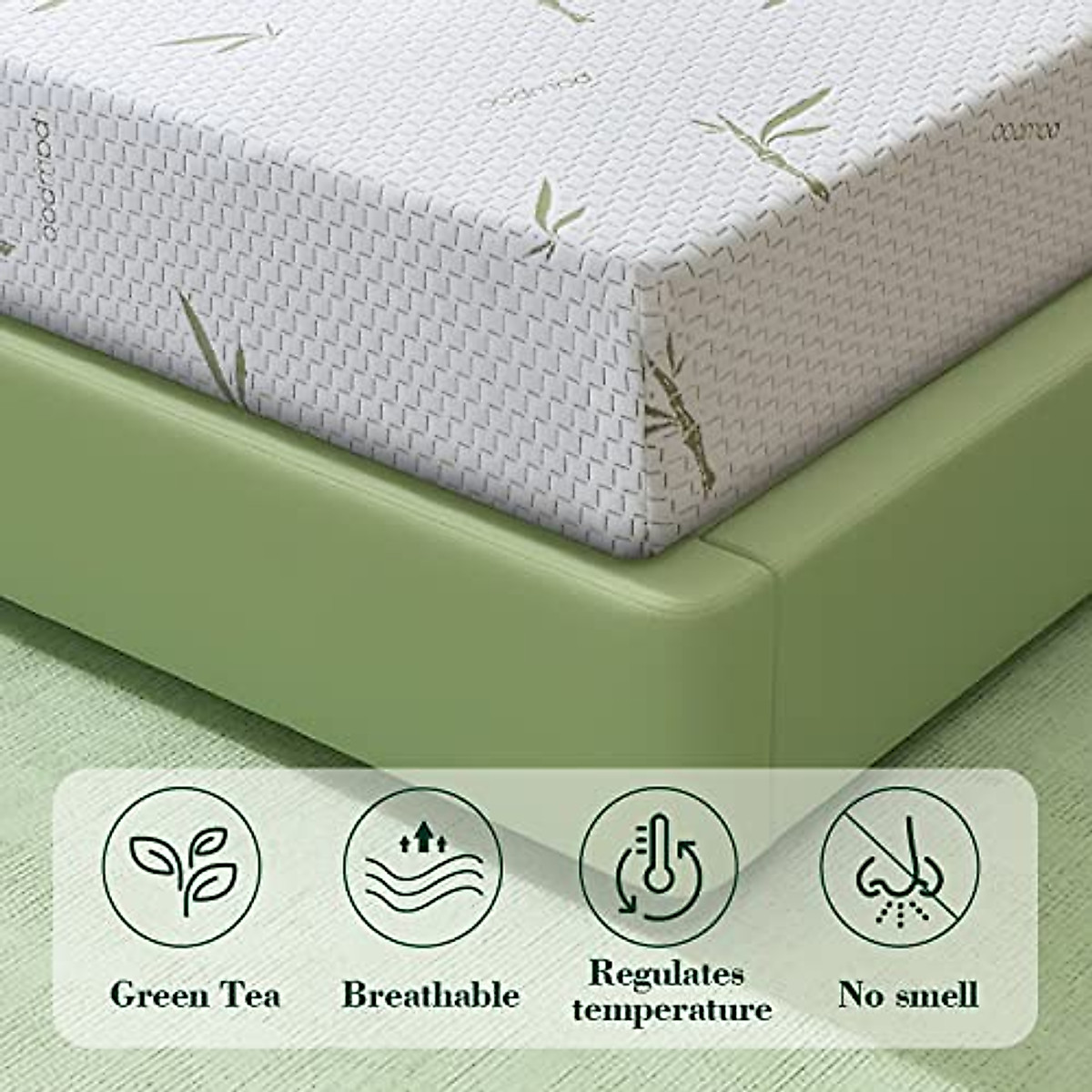 Vyfipt 8 Inch Medium Firm Green Tea Memory Foam Mattress, Cooling Gel Foam, Pressure Relieving, CertiPUR-US Certified, Bed-in-a-Box, White, Queen