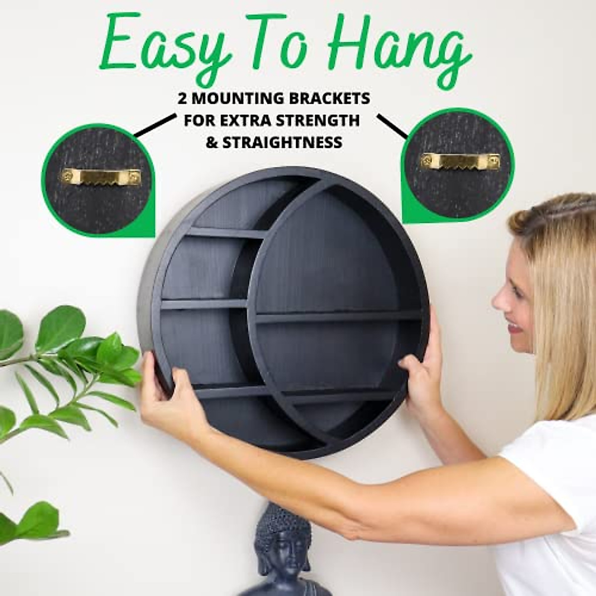 Moon Shelf for Crystals - Large 17" Black Moon Wall Decor for Bedroom, Nursery Shelf, Moon Decor – Witchy Decor - Wood Hanging Shelf Boho Crystal Display Shelf & Essential Oils Gifts for Women