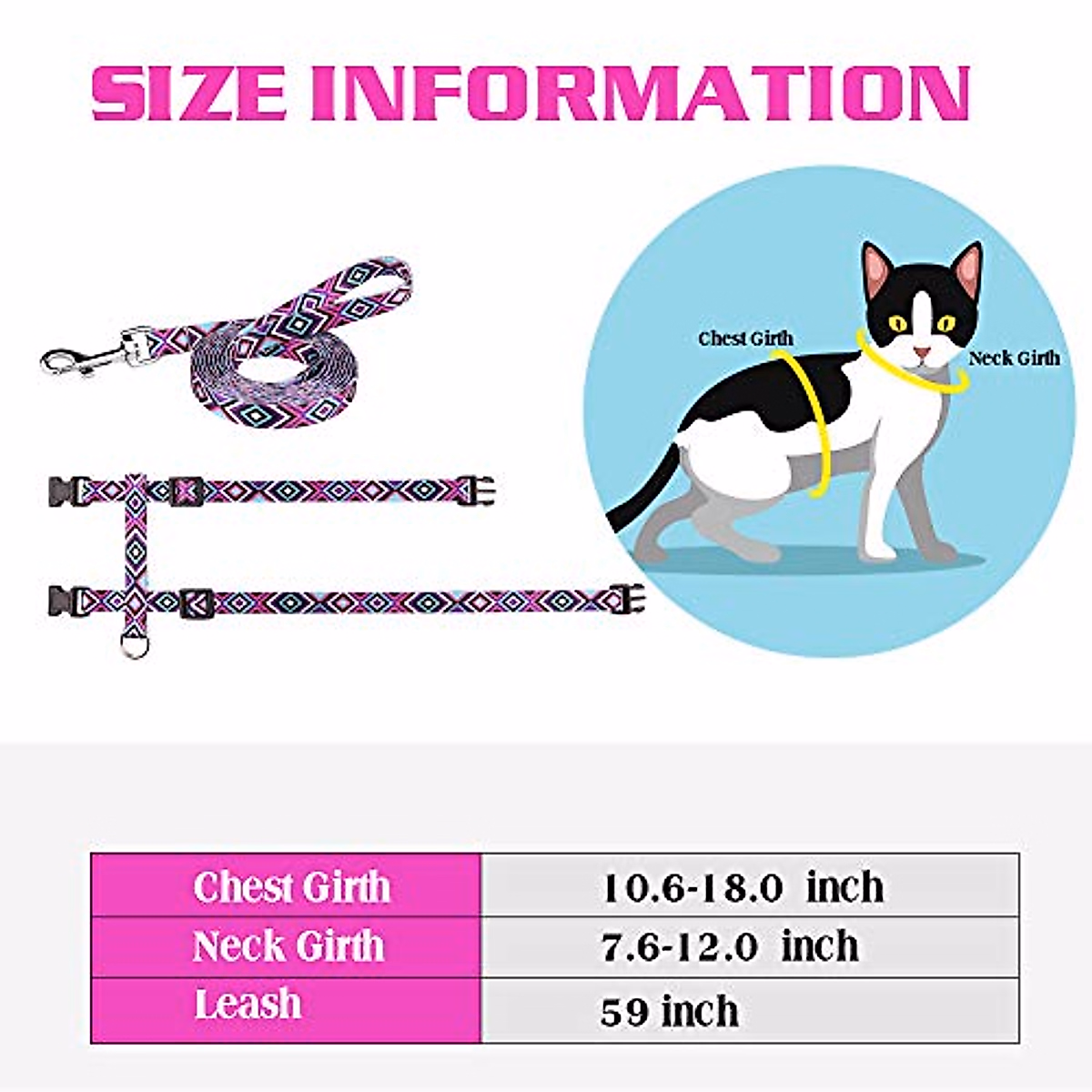 Cat Harness and Leash Set Geometric Pattern Escape Proof Adjustable for Kitty Outdoor Walking(Purple)