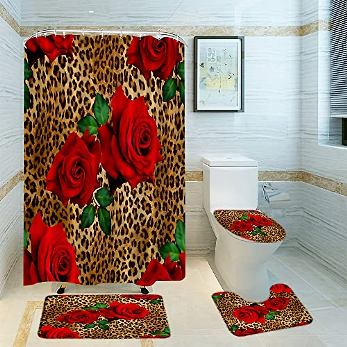 4pcs Leopard Flower Shower Curtain Set with Rug Red Rose Floral Valentine's Day Wild Animal Print Mix Skin Pattern Bathroom Set with Hooks(Bath Mat,U Shape and Toilet Lid Cover Mat)