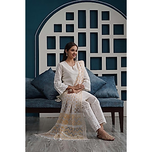 MAGHMA Chikankari Kurtis for Women Pakistani Salwar Kameez Suit Set Indian Dresses Cream White Kurti Pant & White Color Dupatta Set (L)