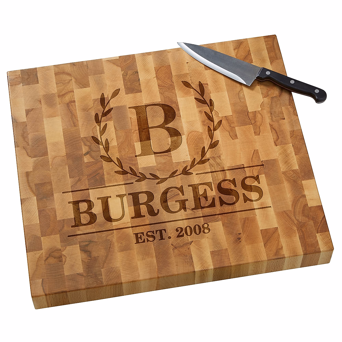 Personalization Universe Laurel Wreath Personalized Butcher Block Cutting Board, Custom Engraved Wood Cutting Board for Kitchen, First Home, House 16x18x1.75" - Made in USA