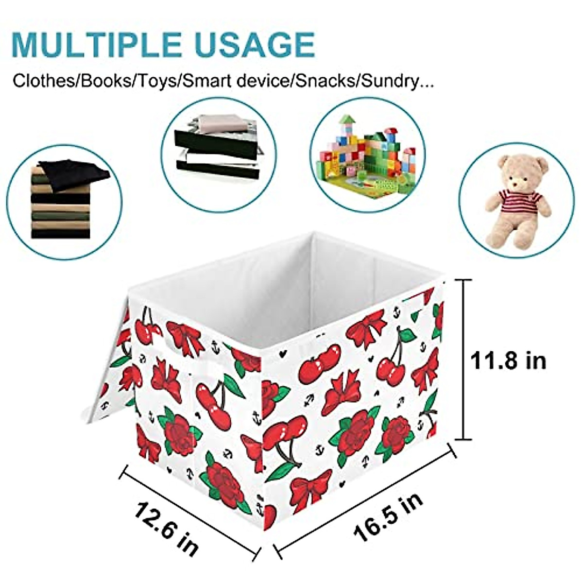 CaTaKu Rose Cherry Storage Bins with Lids and Handles, Fabric Large Storage Container Cube Basket with Lid Decorative Storage Boxes for Organizing Clothes