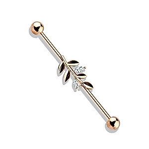 Amelia Fashion 14 Gauge CZ Set Leaf Industrial Barbell 316L Surgical Stainelss Steel (Choose Color) (Rose Gold/Clear)