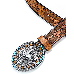 FGSS Western-Cowboy-Leather-Belts for Women Turquoise-Oval-Buckle Embossed Cowgirl Belt for Jeans Pants