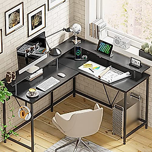 Huuger L Shaped Gaming Desk with LED Lights & Power Outlets, Computer Desk with Monitor Stand & Hooks, Home Office Desk, Corner Gaming Desk, Black