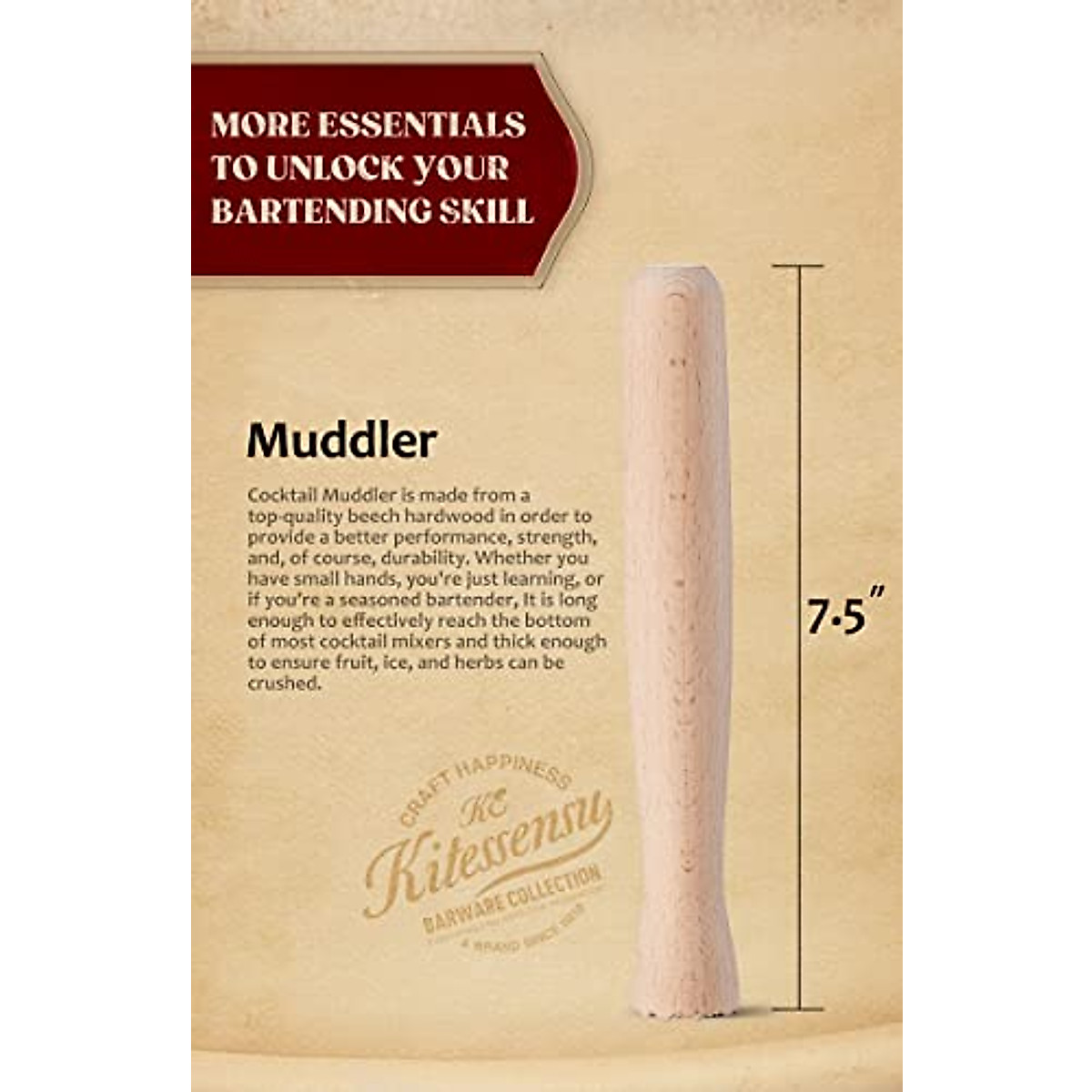 KITESSENSU Muddler for Cocktails, Wooden Muddler, Durable cocktail muddler, Excellent Choice for Mojitos, Caipirinhas, Fruits, Herbs, Spices Based Drinks