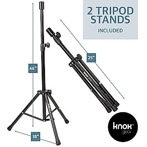 Knox Gear Dual Speaker and Mixer Set–Portable 8” 300 Watt DJ PA System with Wired Microphone & Tripod Stands, Amplifier, Bluetooth, USB, SD, 1/4” Line RCA, XLR Inputs, Ideal for a party or event
