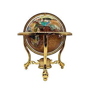 14" Tall Amber Pearl Gold Stand Gem Gemstone World Map Globe Globes Maps