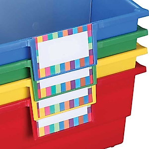 Really Good Stuff Large Plastic Book Organizer Bins, Dividers, Built-in Label Holder, 13.5” by 13.5” by 7.75” (Set of 4, Primary Colors) - For Picture Books, Large Reference Books in Classroom or Home