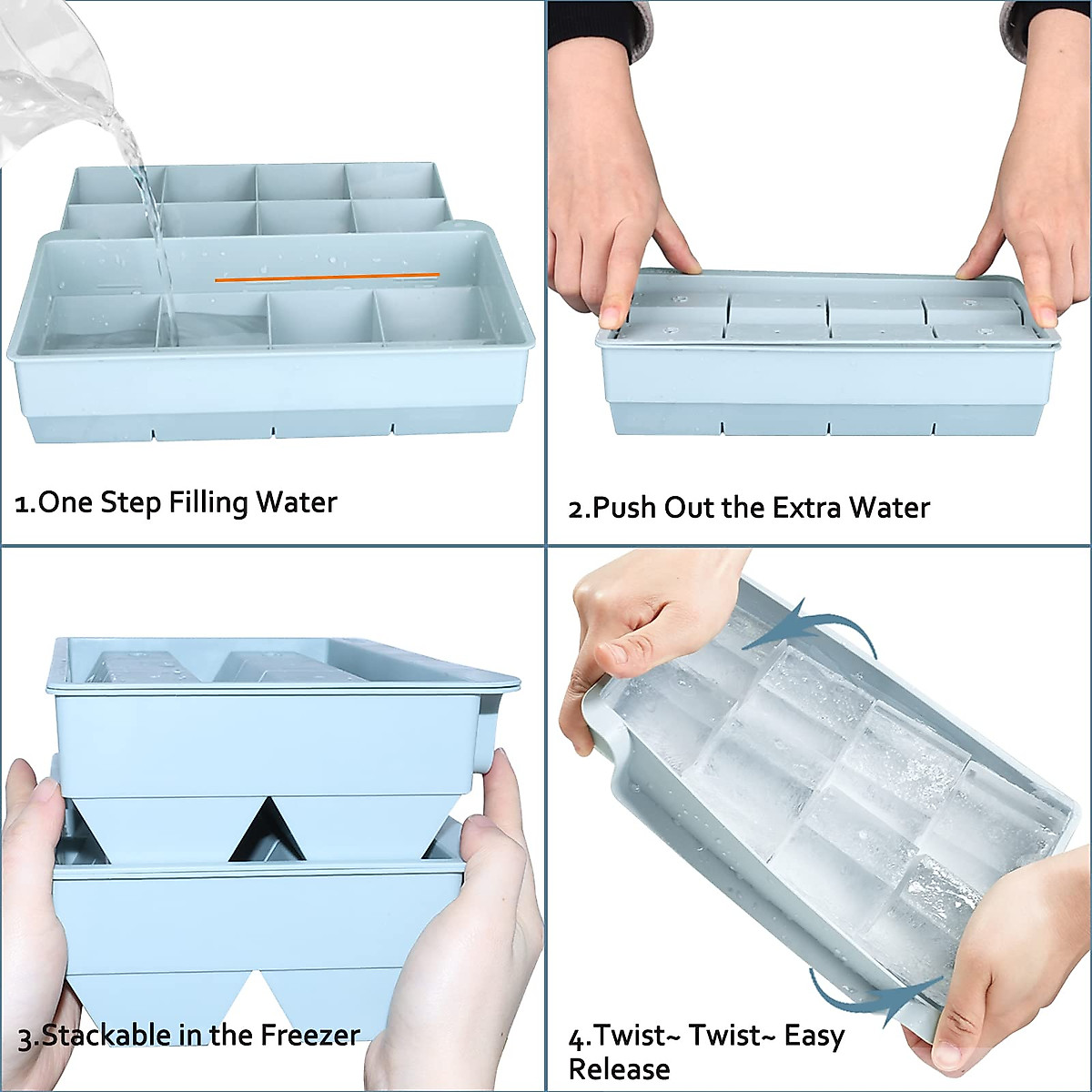 ITWIST Whiskey Ice Mold, 2.2 INCH Large Ice Cube Tray, 2 Pack Hexagon Ice Molds with Bin & Tong, Leak-free Ice Cube Molds for Cocktails Whiskey Bourbon Scotch-Easy Fill & Remove(Blue)