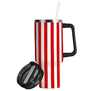 Flradish 40oz Tumbler with Handle, Red White Stripes Stainless Steel Tumbler with Lid and Straws Double Wall Vacuum Insulated Leakproof Coffee Travel Mug