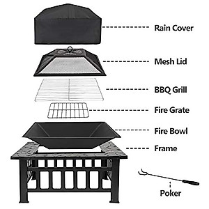 HomGarden 32" Fire Pit Outdoor Patio Square Metal Heater Deck Firepit Backyard Garden Home Stove Burning Fireplace w/Spark Screen,Poker,Cover,Grill