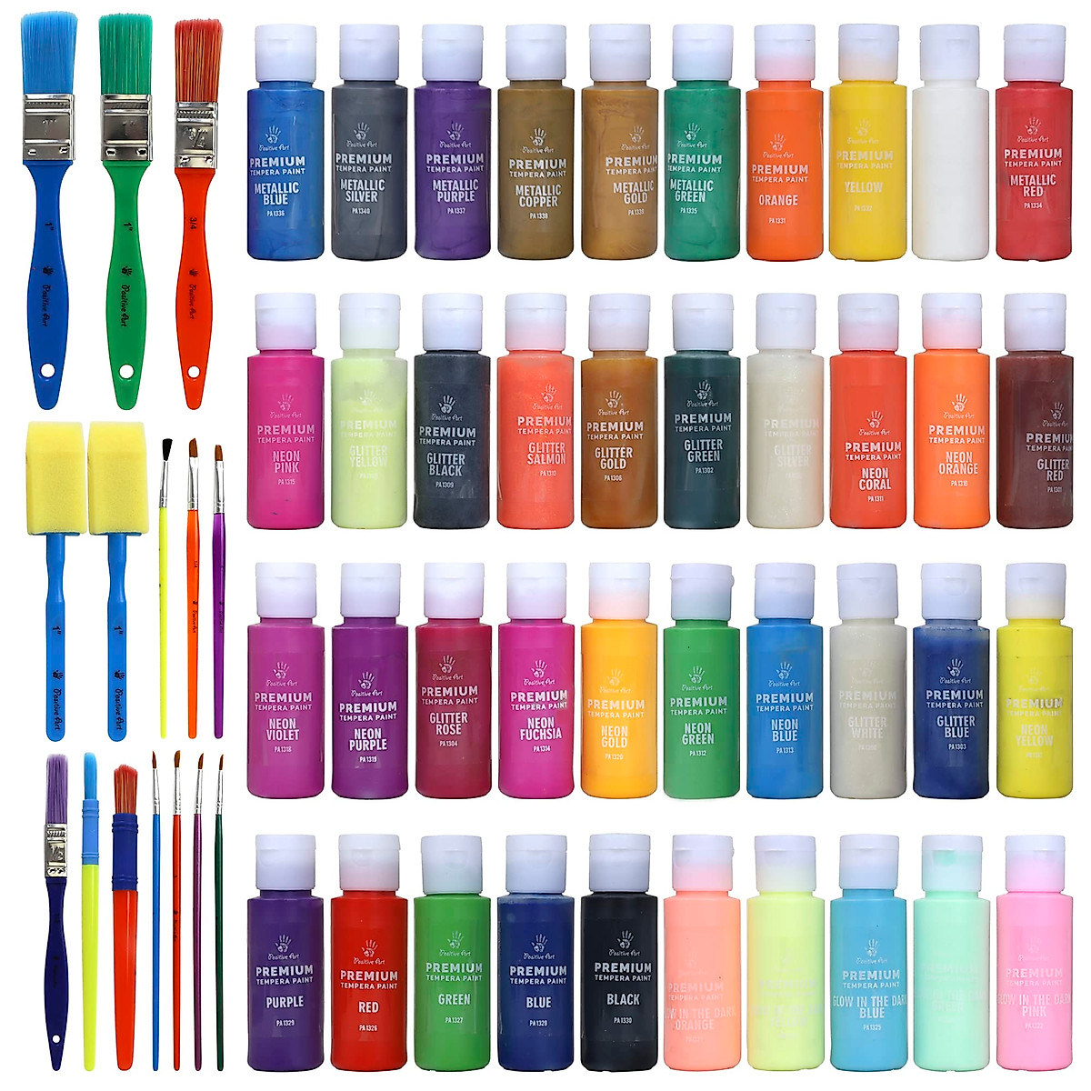 Kids Tempera Paint Set | Value Pack Includes 40 Washable Non-Toxic Colorful Paints (2oz bottles) & 15 Brushes | Metallic, Neon, Glow In The Dark, Glitter Paints | Paint For Arts & Crafts, Fun Projects