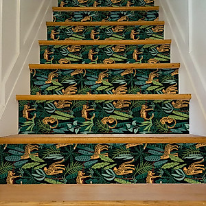 CHIHUT Leopard King Peel and Stick Wallpaper Self Adhesive Removable Jungle Animal Wallpaper Tropical Green Leaf Contact Paper Waterproof Wall Paper Decorative Vinyl Roll for Walls Cabinets 17.7”x100”