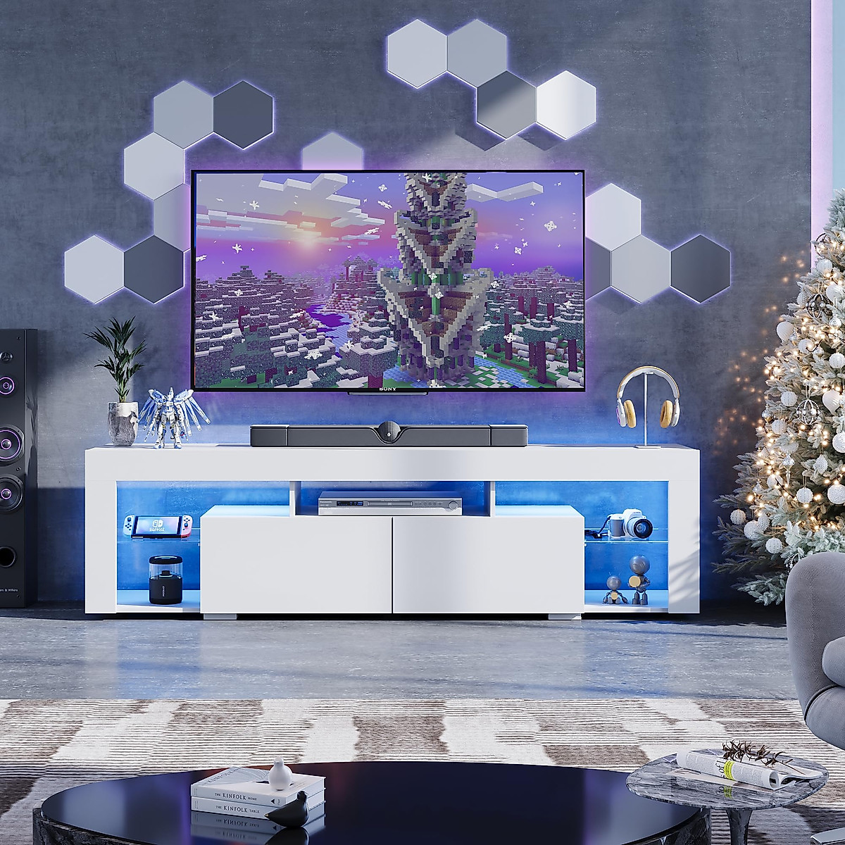 WLIVE 63 Inch TV Stand, LED Entertainment Center for 60 to 70 Inch TV, Modern TV Console with 2 Drawers, TV Stands for Living Room, White