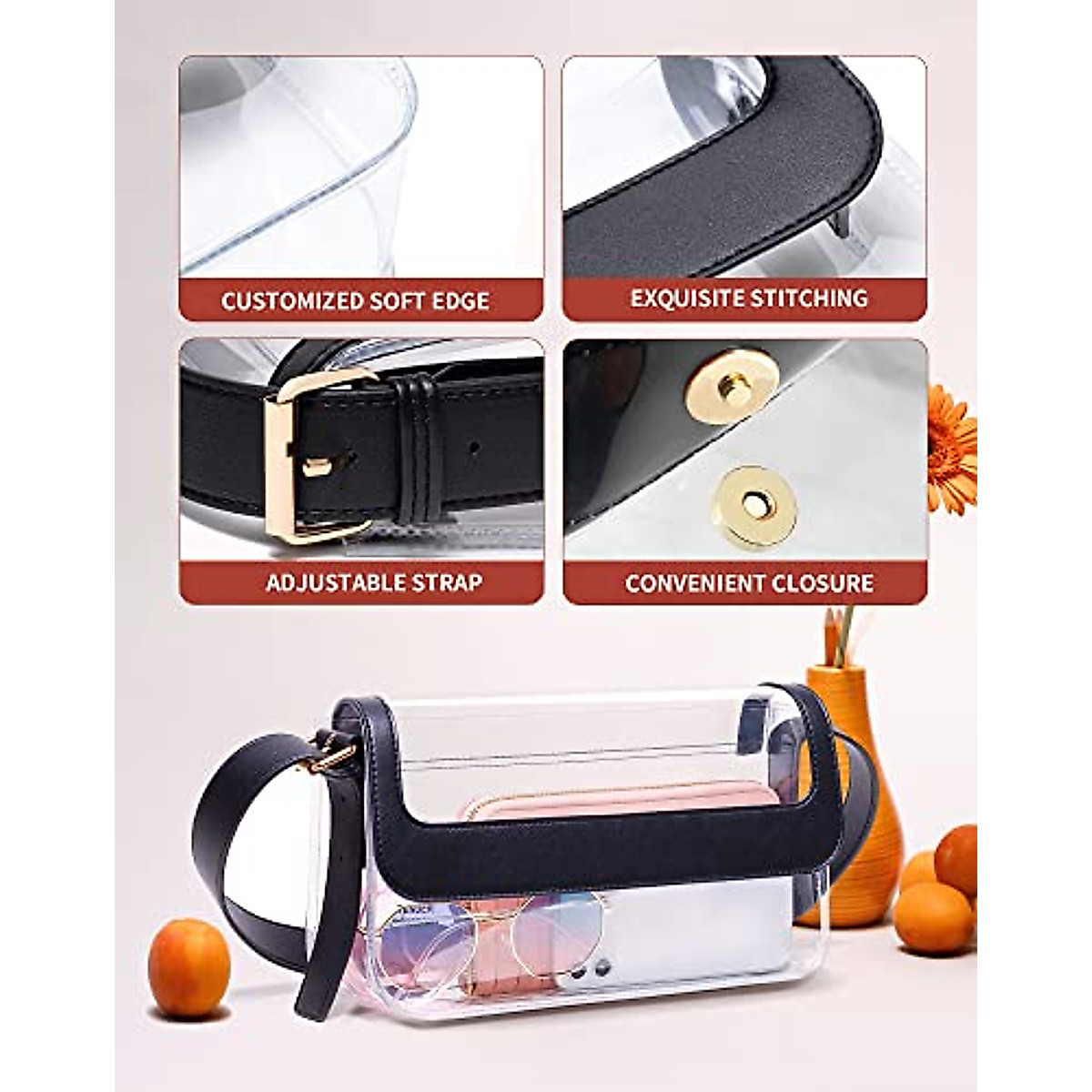 Vorspack Clear Bag Stadium Approved - Cute Clear Purse for Women PVC Clear Stadium Bag for Work Concerts Sports Festivals - Black