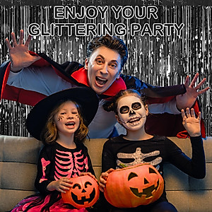 Black Fringe Curtain Party Streamers, 12 Pack 3.3ft x 8.2ft Foil Curtain Backdrop Tinsel Foil Fringe Curtains Photo Booth Backdrop Streamer for Birthday, Wedding, Baby Shower, Disco Party