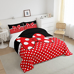 Homewish Bowknot Comforter Set Twin Size,White Dots Bedding Set 2pcs for Kids Teens Girls Boys Room Decor,Romantic Princess Style Quilt Set Red and Black Duvet Insert with 1 Pillowcase