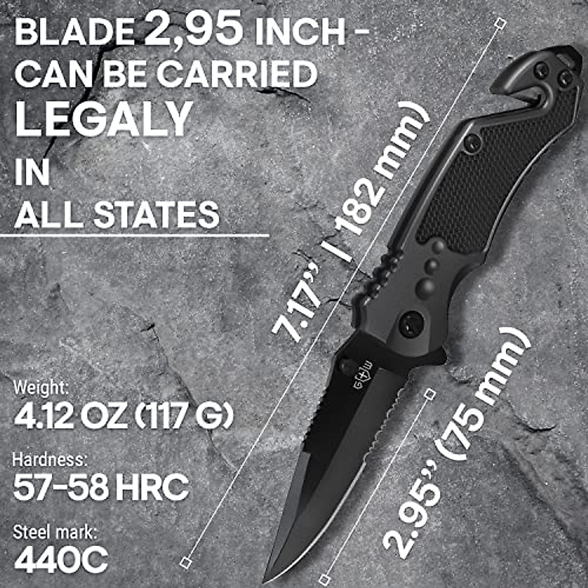 2,95” Serrated Blade Pocket Knife - Black Folding Knife with Glass Breaker and Seatbelt Cutter - Small EDC Knife with Pocket Clip for Men Women - Sharp Tactical Camping Survival Hiking Knives 6680