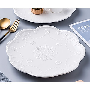 Jusalpha Embossed Lace Porcelain Plate-Dinner Plate Set, Pasta/Salad/Dessert Plate， Tableware Set for Restaurant Family Party Kitchen Use -4 Pieces, FD-PL15 (10 Inche, White)