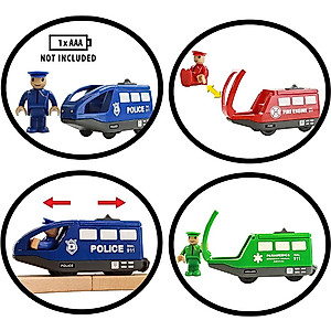 On Track USA Wooden Train Set for Toddlers Battery Operated Action Rescue Trains with 3 Magnetic Motorized Engines and 6 Cars, Compatible with Thomas, Brio, Melissa and Doug