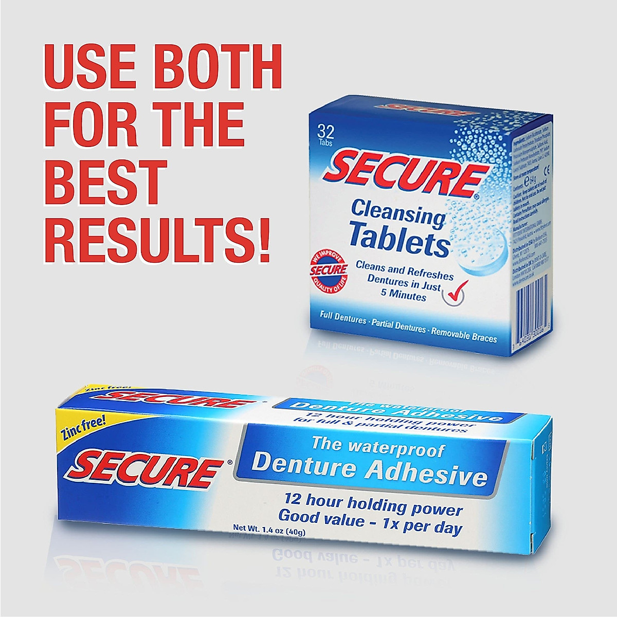 Secure Waterproof Denture Adhesive - Zinc Free - Extra Strong Hold For Upper, Lower or Partials - 1.4 oz (Pack of 2)