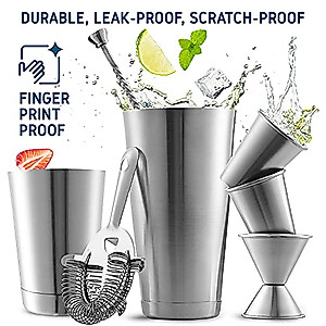 Bar Set Cocktail Shaker Set, Stainless Steel Mixology Bartender Kit, 16 Piece Cocktail Kit, Silver Cocktail Set, Bar Tools: 30oz Martini Shaker, Muddler, Bar Kit Cocktail Book, Jigger and Pourers