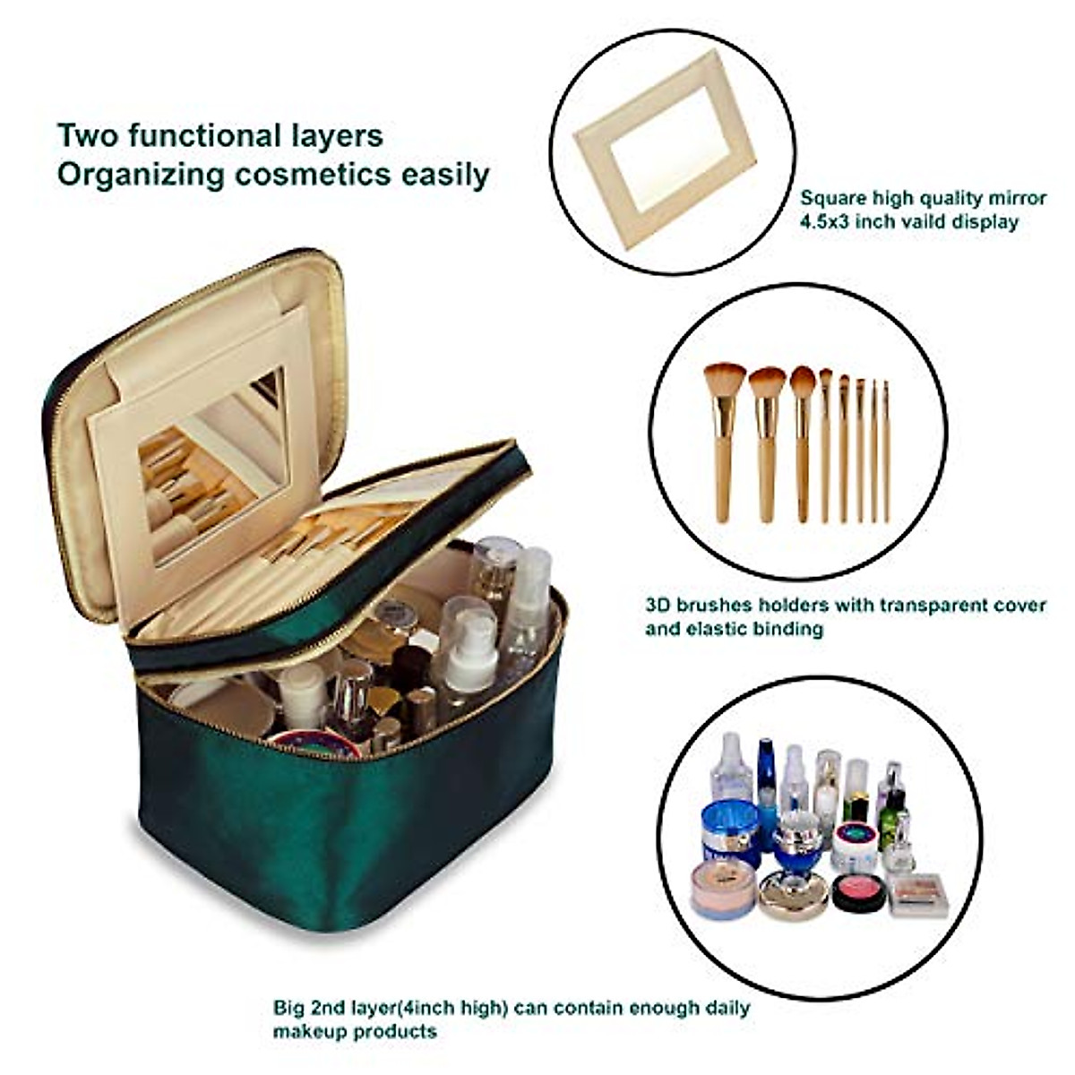 Eudora Double Layer Travel Makeup Bag, Green Nylon Satin Makeup Bag Organizer with Portable Mirror and Brushes holders, Large Cosmetics bag for Women (Green)