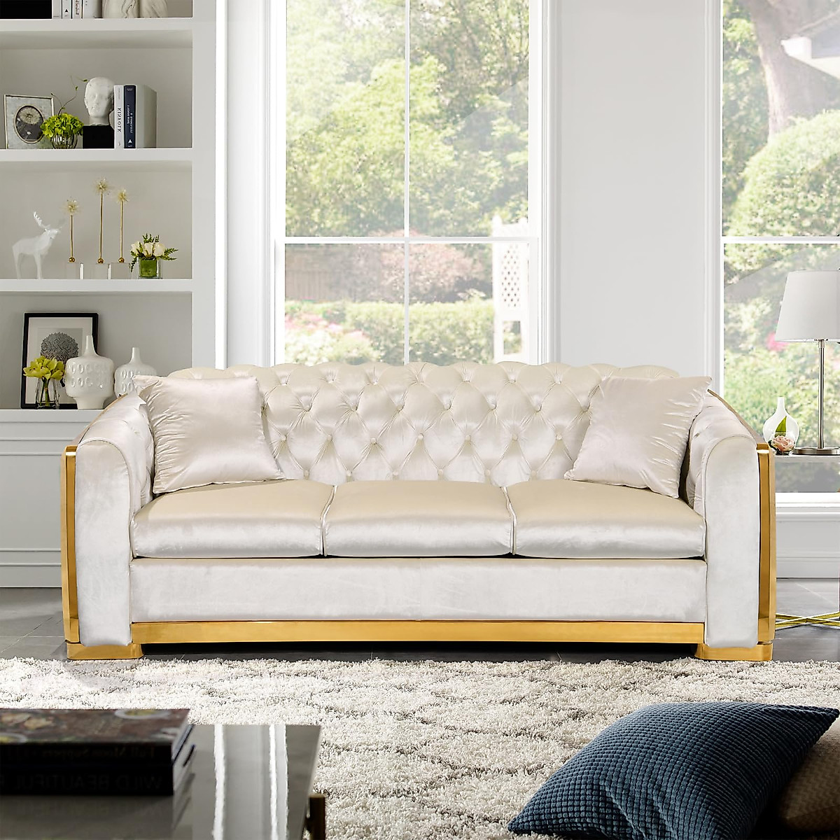 RUNOLIG Chesterfield Sofa, Velvet Sofas and Couches with Button Tufted Design and Gold Legs, Upholstered Sofa with 2 Pillows and Wood Frame, Modern 3 Seat Couch for Living Room, Apartment (Beige)