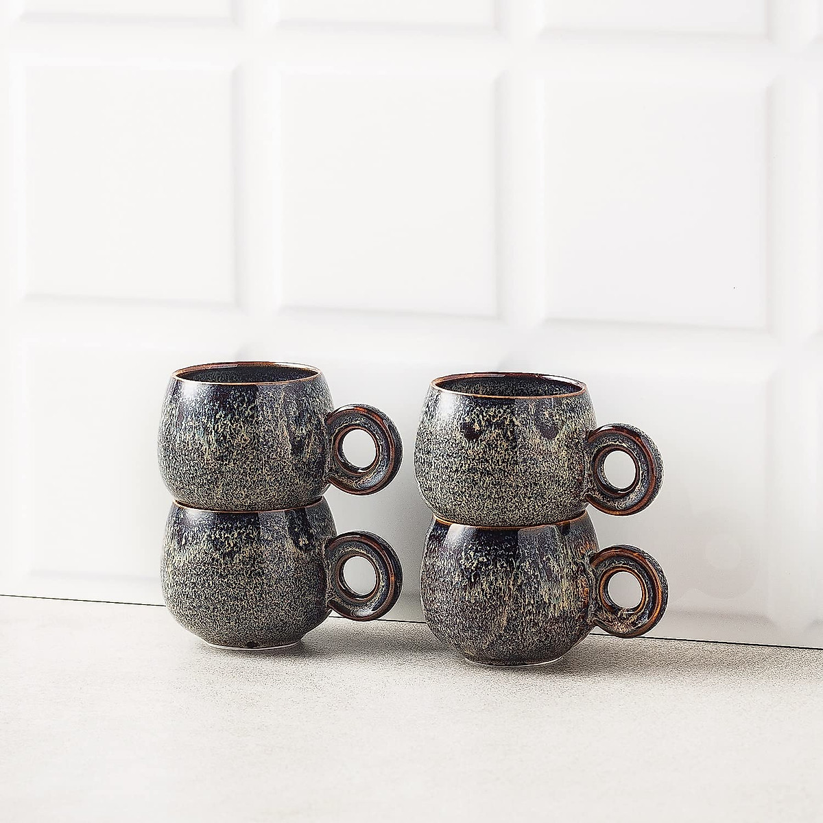 KYBSCZ Ceramic Espresso Cups Set of 4, 3 Ounces Demitasse Cups, Porcelain Mini Coffee Cups, Small Ceramic cups set Made by Fambe Reactive Glaze,Caramel Gray