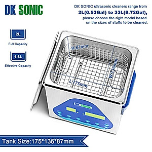 DK SONIC Ultrasonic Cleaner with Digital Timer and Basket for Denture, Coins, Small Metal Parts, Record, Circuit Board, Daily Necessaries, Lab Tools,etc (2L, 110V)