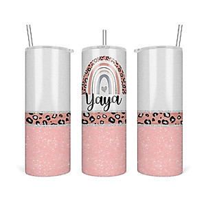 TunlaStore Leopard Yaya Tumbler - Yaya Rainbow Tumbler - Mothers Day Gifts Yaya - Leopard Rainbow Yaya Travel Cup - Tumbler With Straw And Lid - 20 Oz - Insulated Stainless Steel, White