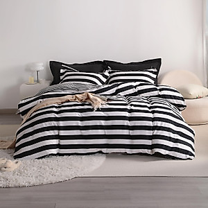 NTBAY 2 Pieces Duvet Cover Set Twin Size for Kids, Reversible Zipper Comforter Cover with 4 Corner Ties and 1 Pillow Sham, Soft Brushed Microfiber Duvet Cover Set with Black and White Stripe Printed