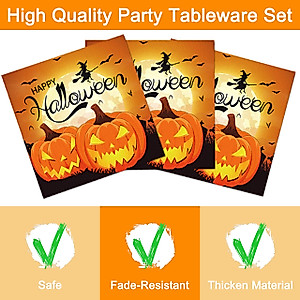 96 Pcs Halloween Pumpkin Paper Plates and Napkins Forks, Disposable Party Dessert Tableware Supplies Decorations Birthday Table Dinnerware Favors Set, Serves 24