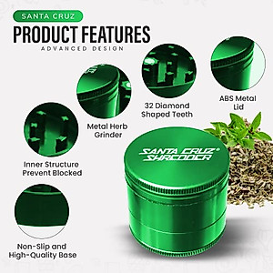 Santa Cruz Shredder Metal Herb Grinder Knurled Top for Stronger Grip 3 Piece Small 1.7" (Green)