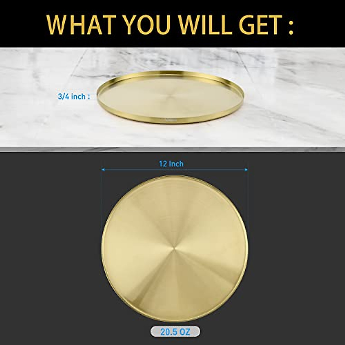 Gold Tray Round Serving Platter - Metal Decorative Plate for Bar Club Lounge Coffee Table Centerpieces Perfume Vanity Jewelry Display Cosmetic Storage Counter Bathroom Organizer (12" W x 3/4" H)