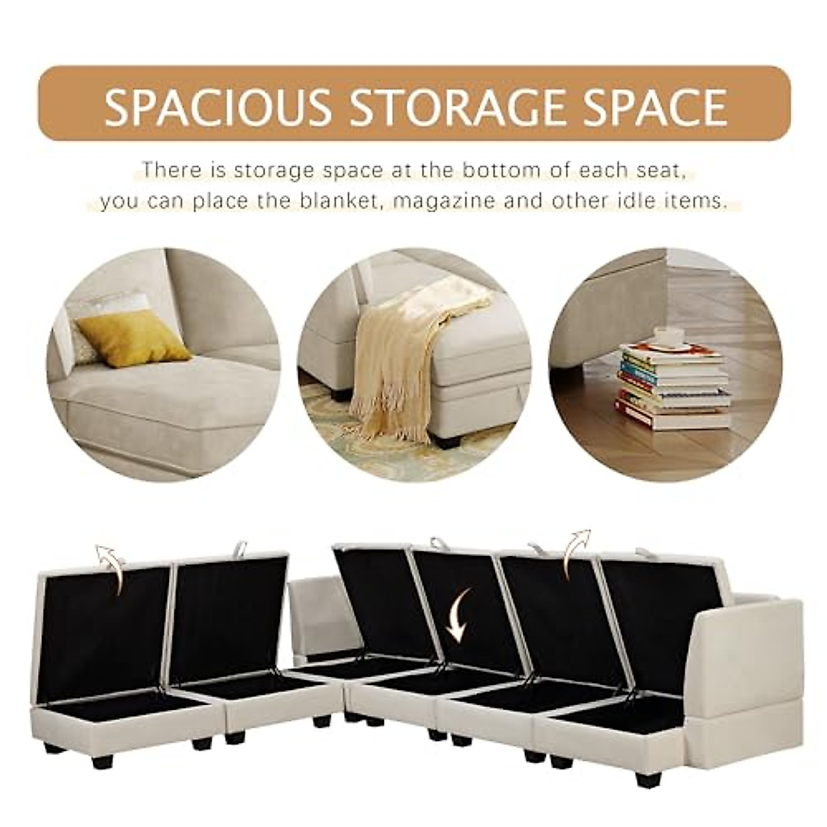 YOPTO Modern Modular Sectional Couch with Reversible Chaise,Convertible Large U-Shape Sofa Bed W/ 6 Storage Seaters & Solid Wood Frame,for Living Room,Office,Apartment,Beige,115.1", 115"