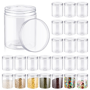 Irenare 24 Pcs 16 oz Clear Plastic Jars with Ribbed Lids Wide Mouth Food Plastic Mason Jars 16 oz Airtight Paint Storage Containers for Dried Fruit, Honey, Nuts, Kitchen Household (Clear Lids)